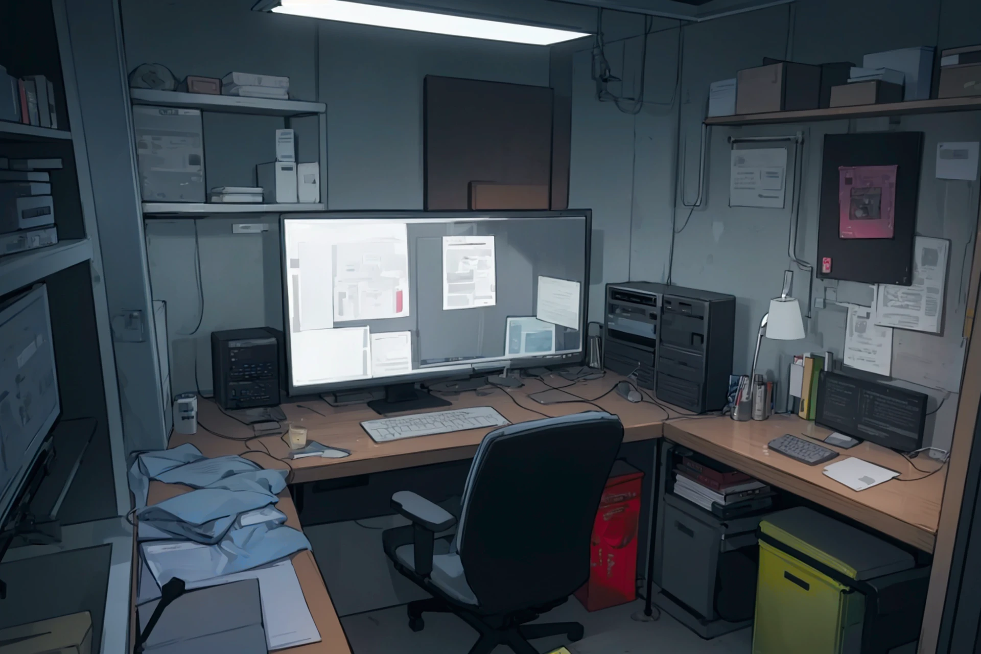 There is a desk with a computer and a monitor on it - SeaArt AI