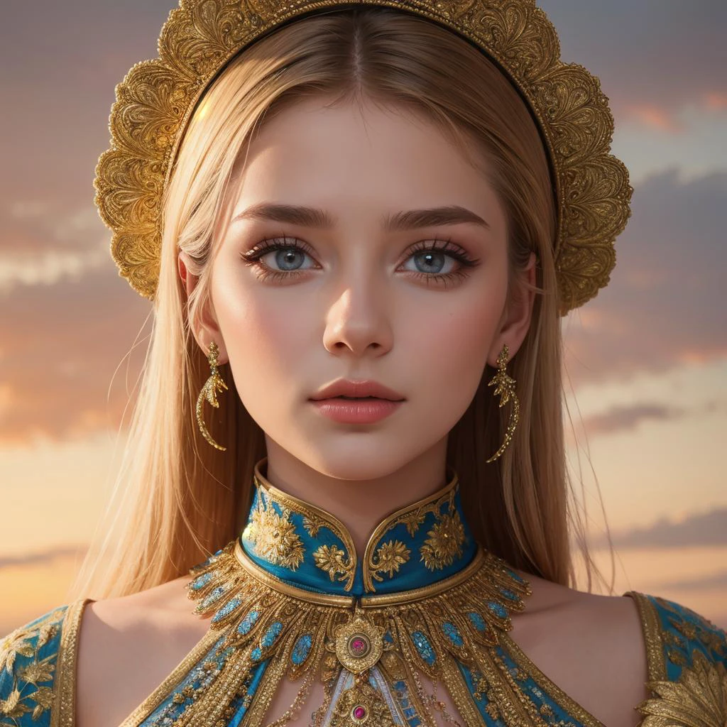 A woman in a blue dress and gold headpiece with a golden crown - SeaArt AI