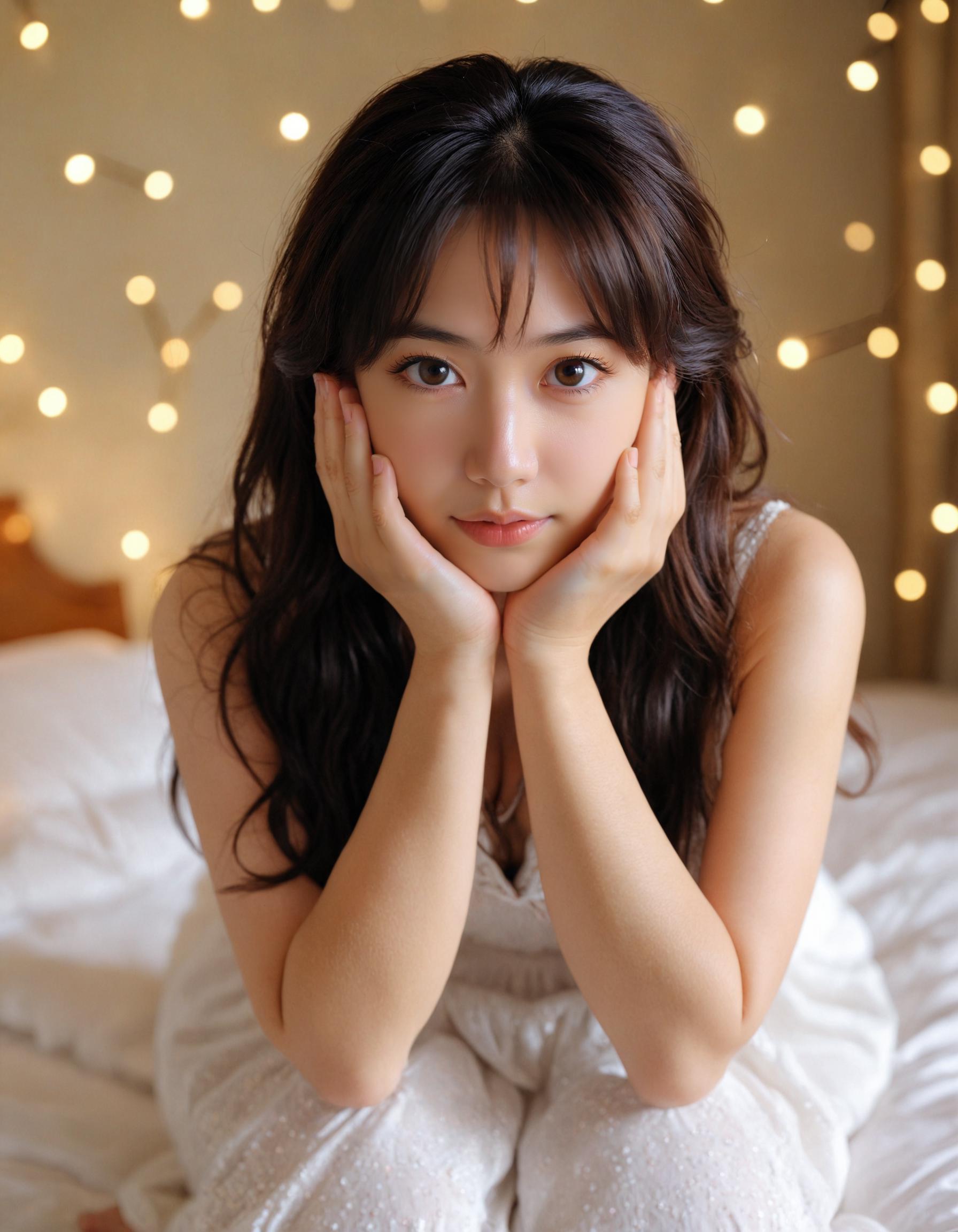 Araffe, mujer asiática sentada en una cama con las manos en la cara - SeaArt AI