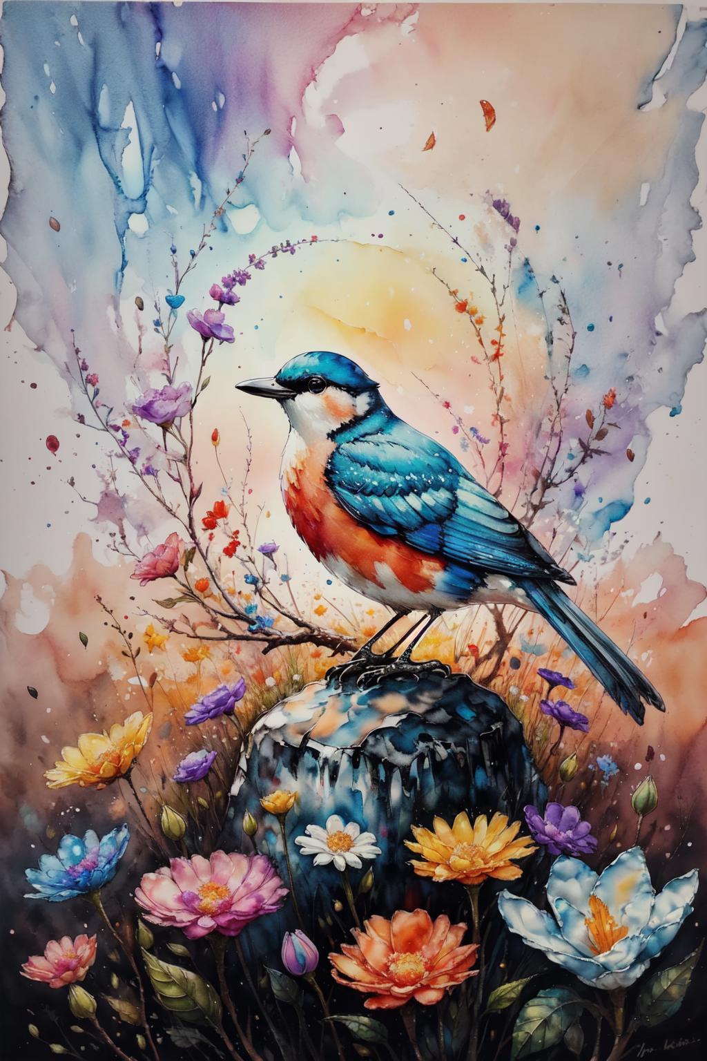 Painting of a bird sitting on a rock surrounded by flowers - SeaArt AI