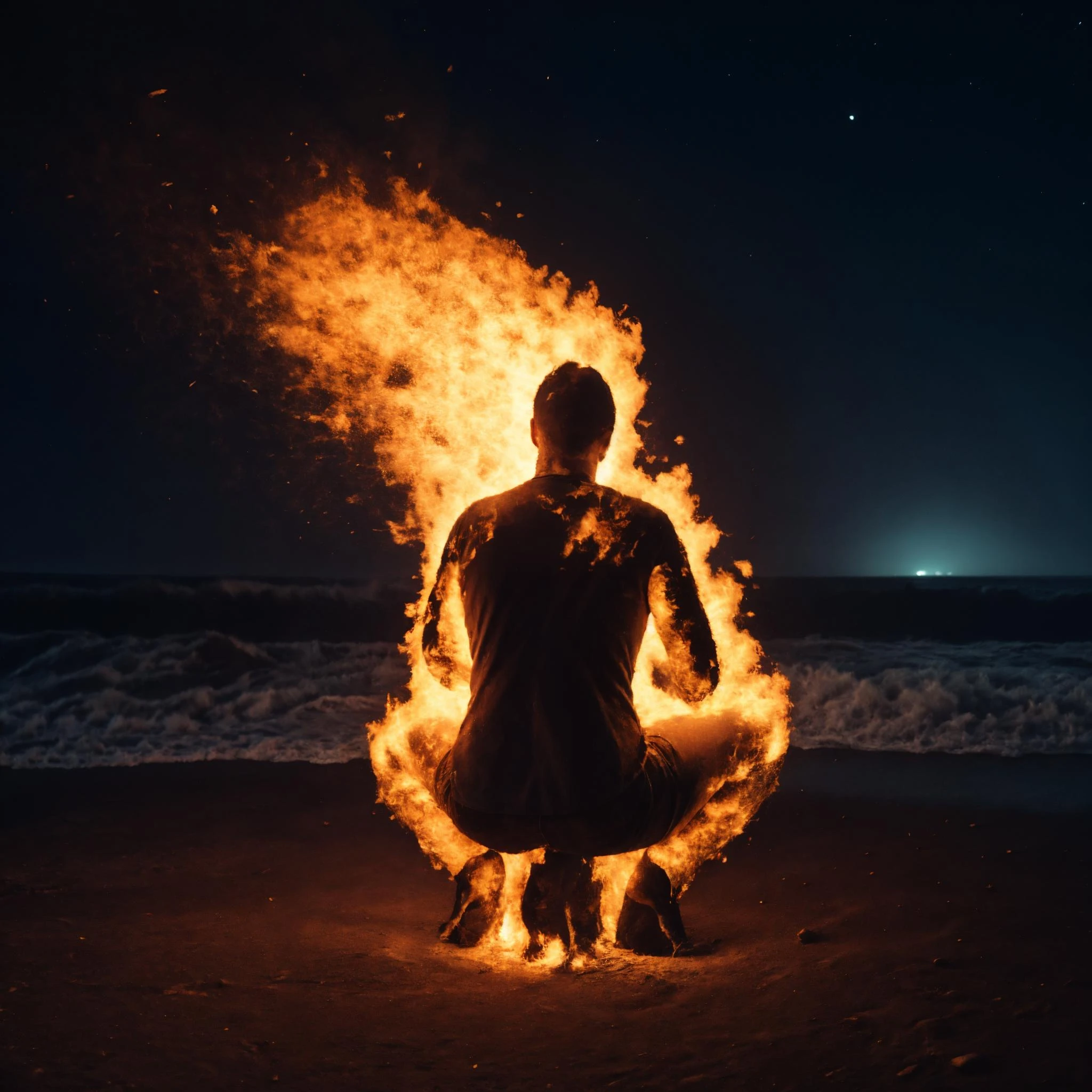 A man standing on a beach with a fire ring in his hand - SeaArt AI