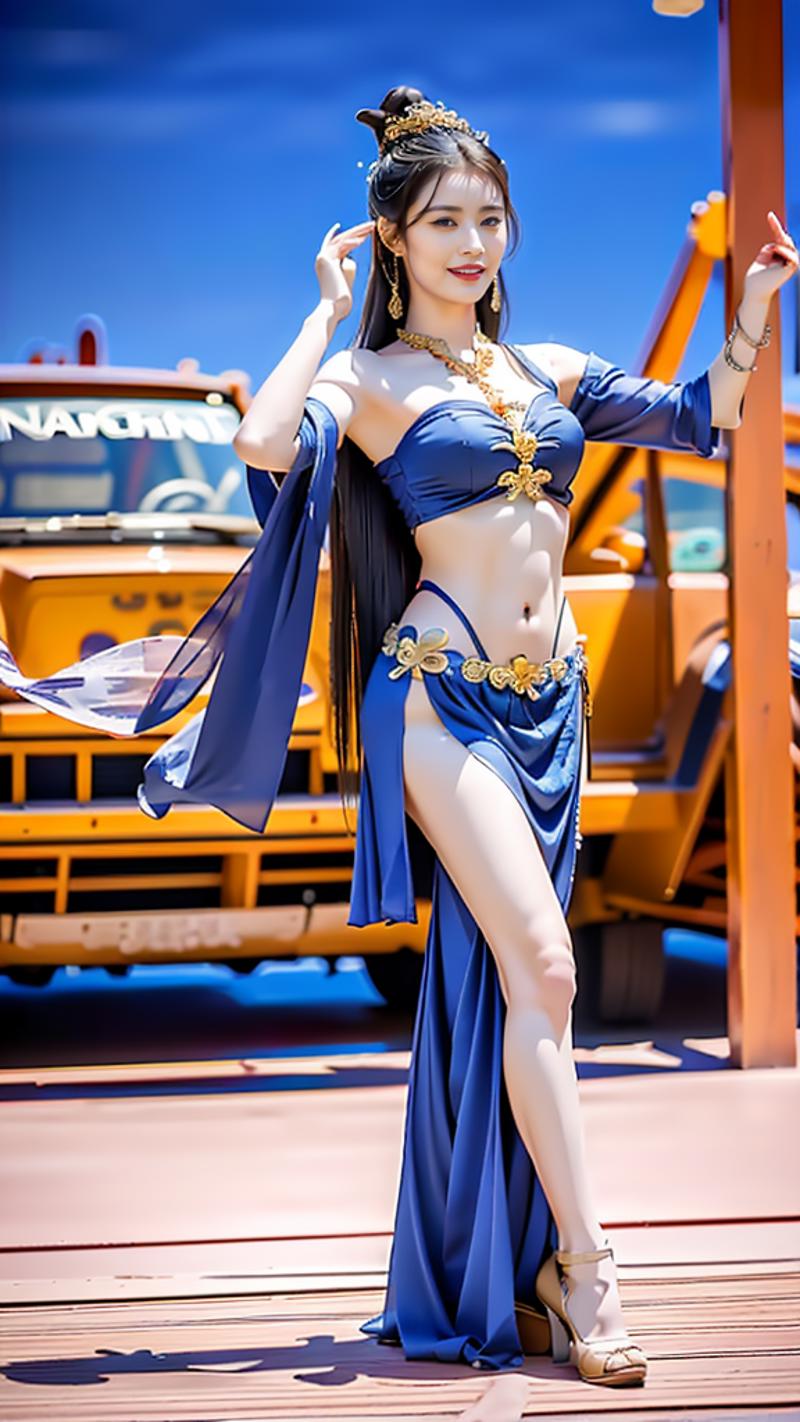 Arafed woman in a blue dress is dancing on a dock - SeaArt AI