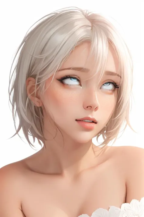 A close up of a woman with a white dress and blue eyes - SeaArt AI