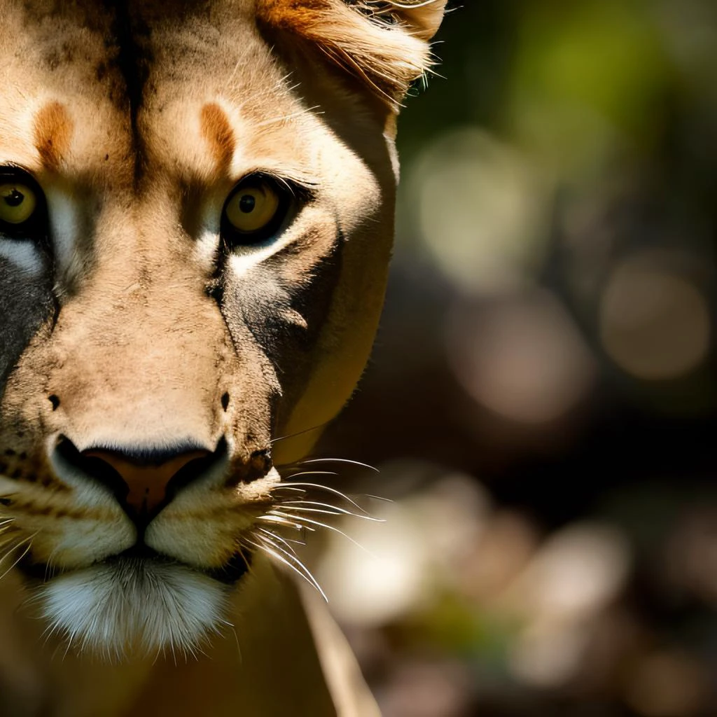 There is a close up of a lion's face with a blurry background - SeaArt AI