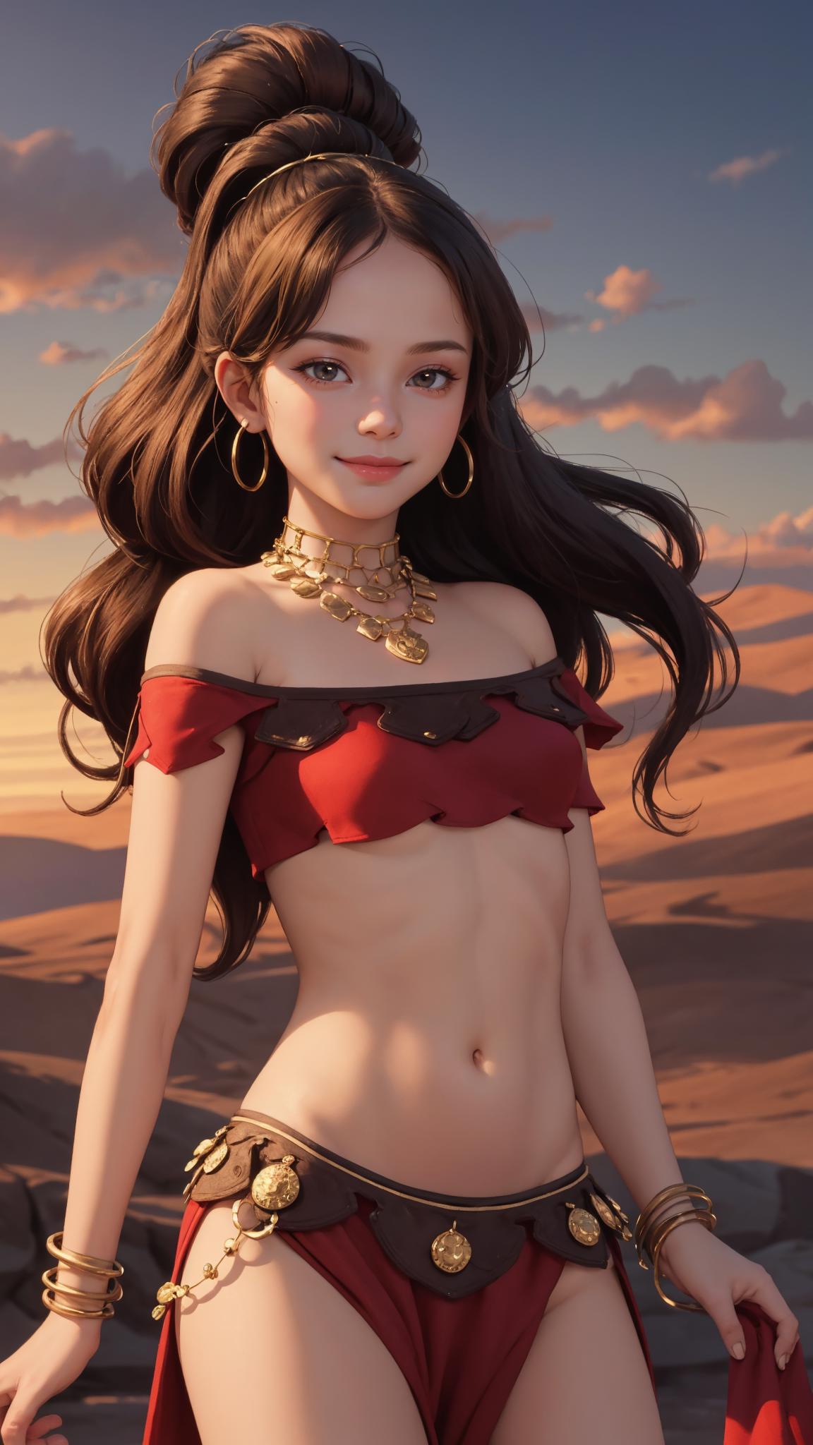 A woman in a red bikini and gold jewelry standing in the desert - SeaArt AI