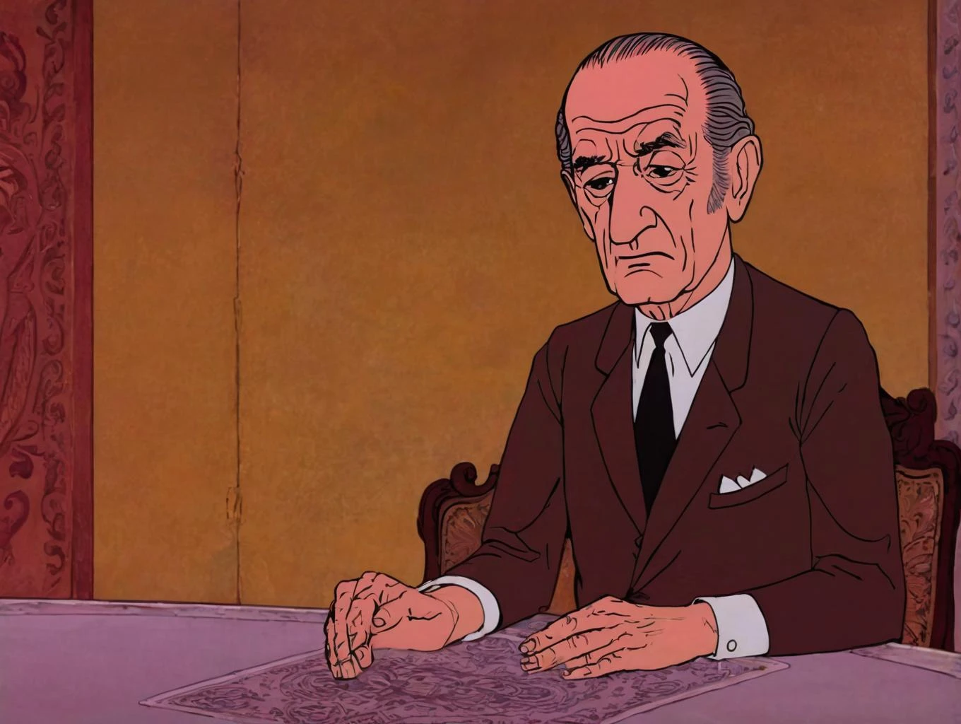 cartoon of Lyndon B. Johnson, tranquil scene, detailed background ...