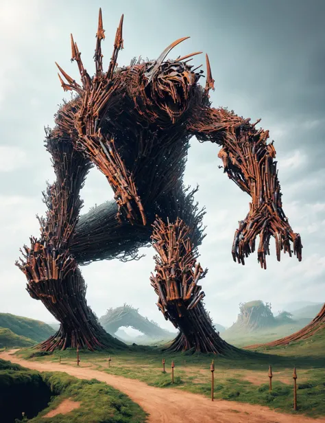 A large wooden sculpture of a giant monster in a field - SeaArt AI