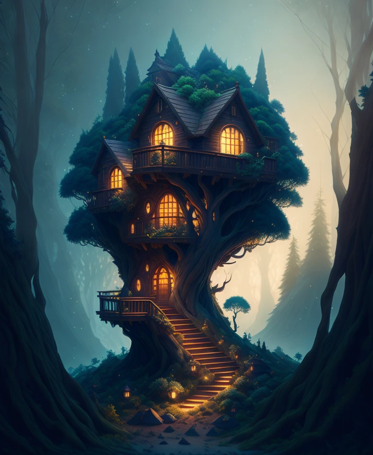 pixar style tree house on top of a hill, dark and scary forest ...