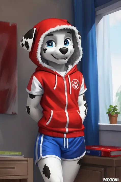 A close up of a cartoon dog wearing a red hoodie - SeaArt AI