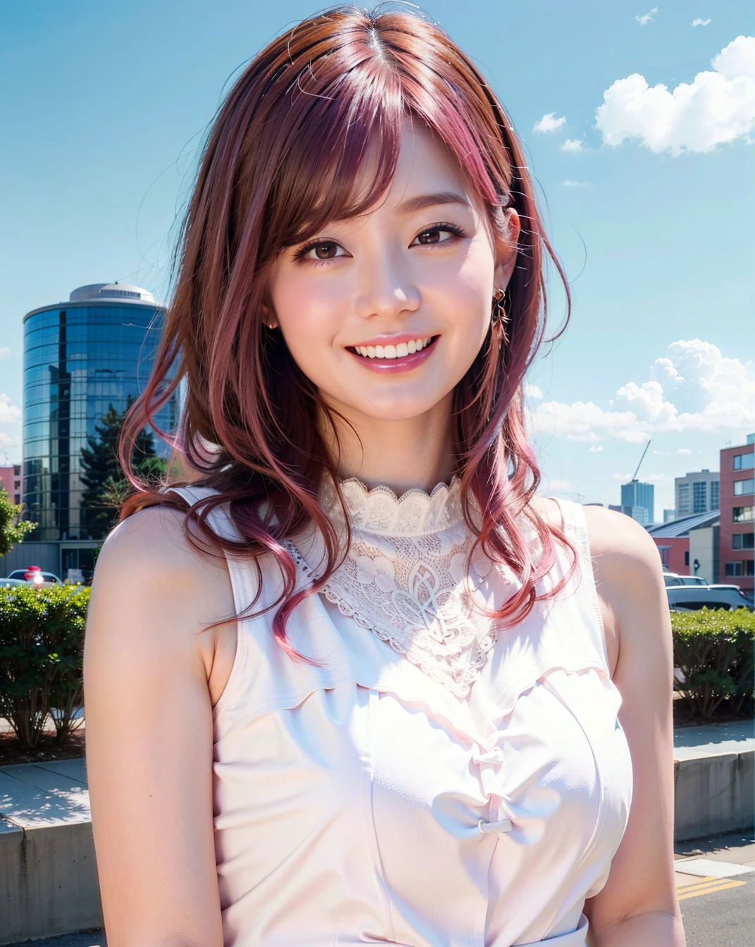 a woman posing on the Straße corner with weißes Kleid on, beste ...