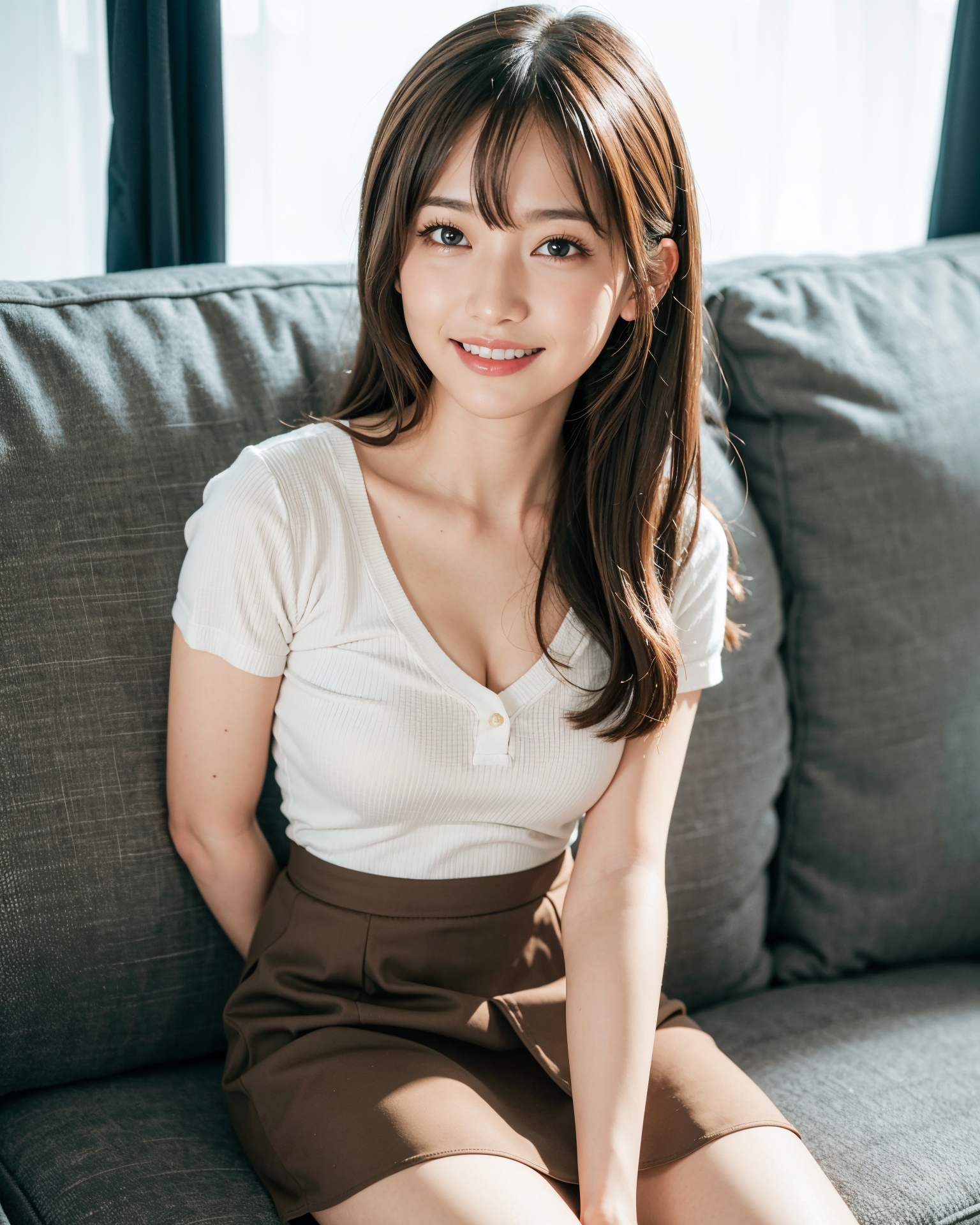 白いシャツと茶色のスカートを着てソファに座っている女性 - SeaArt AI