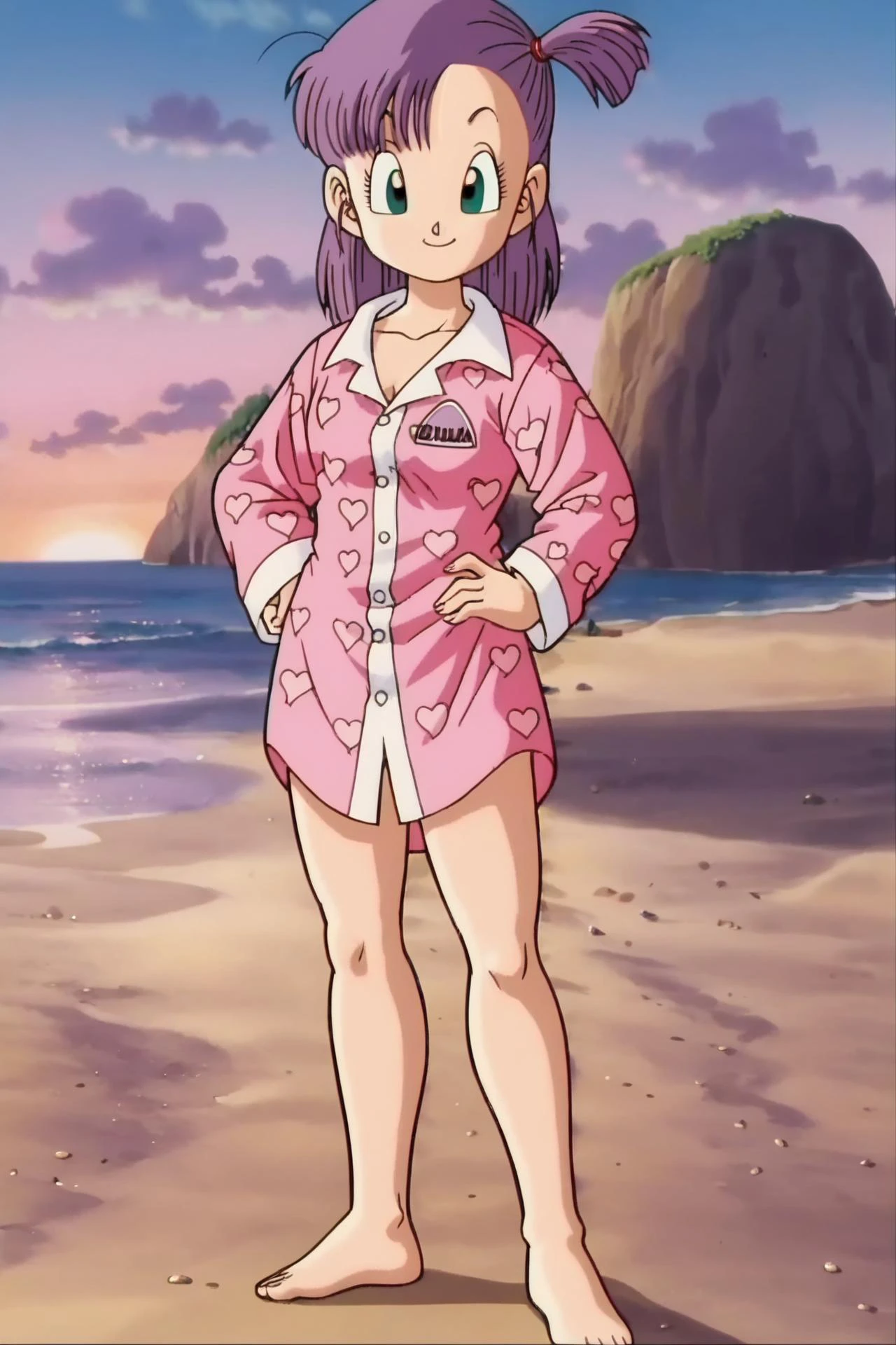 A cartoon girl in a pink shirt standing on a beach - SeaArt AI
