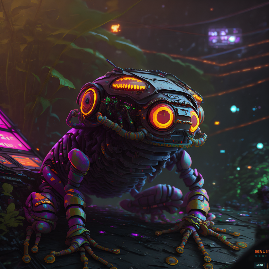 A close up of a robot sitting on a rock in a forest - SeaArt AI