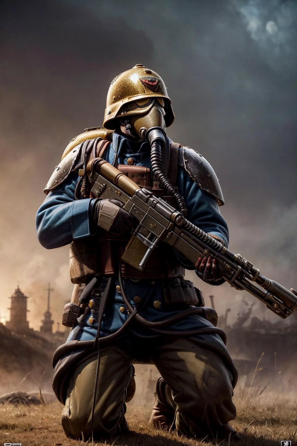 a photography of kriegmarine with rifle, dkok, gas mask, kneeling and ...