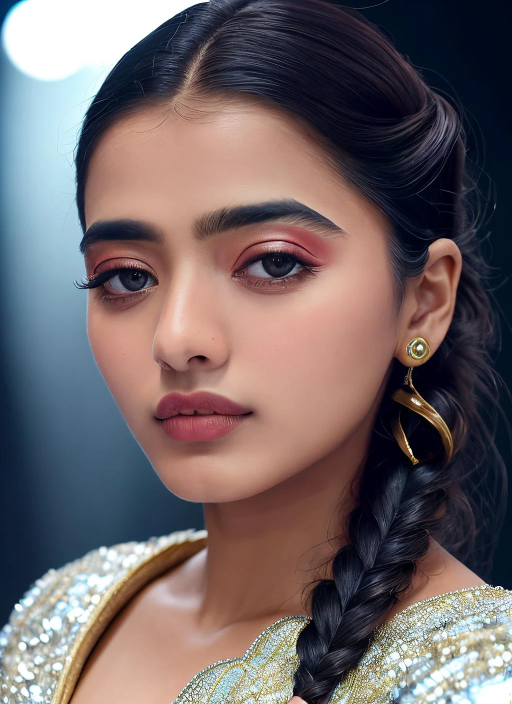 Anusha bhatia in a gold dress with a braid - SeaArt AI