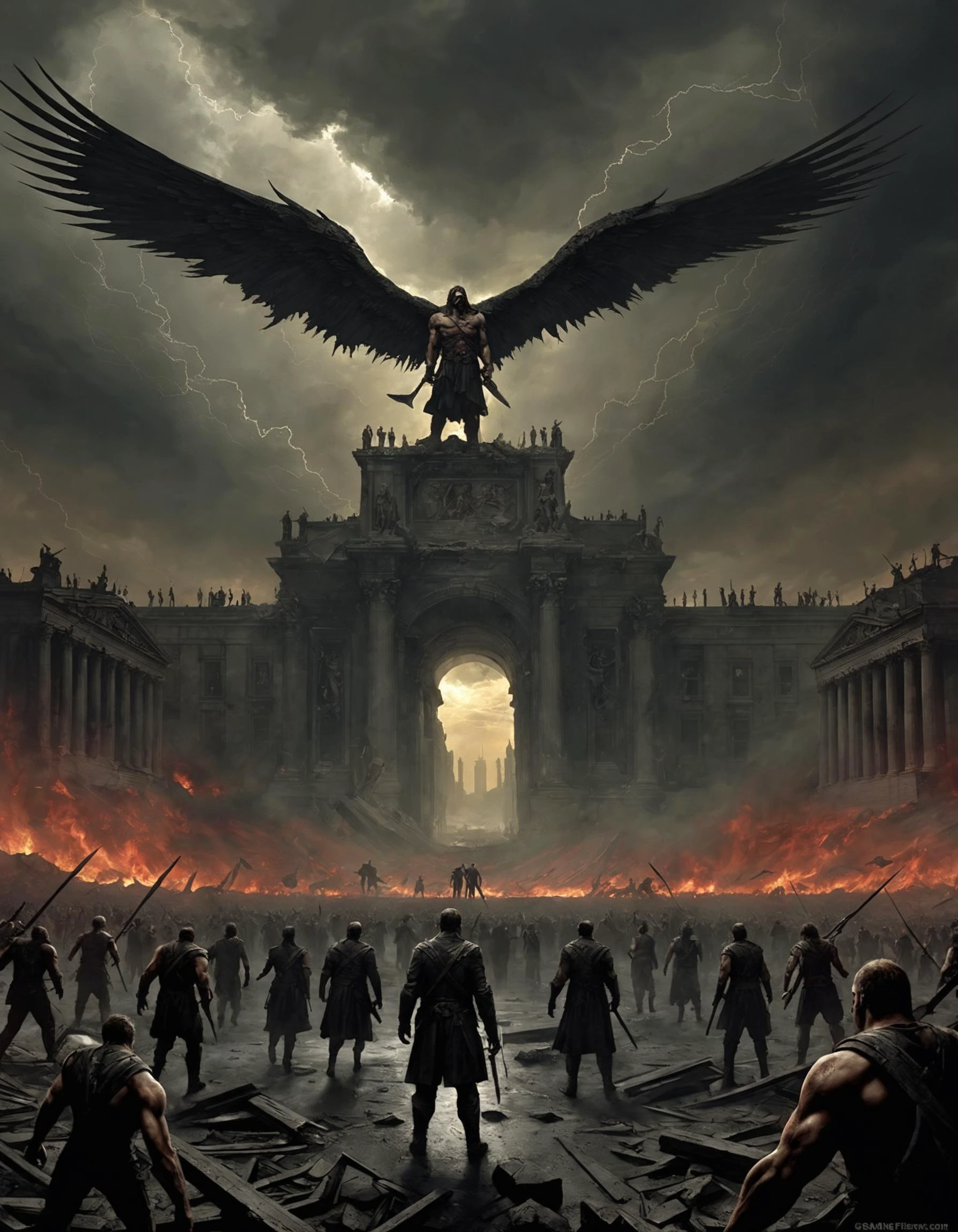 Un grupo de personas paradas alrededor de un gran edificio con un gran ...