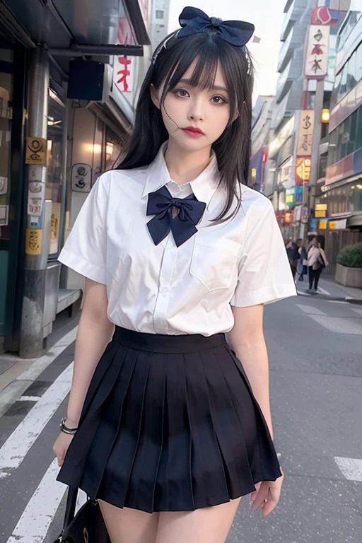 Arafed asian woman in a skirt and bow tie walking down a street - SeaArt AI