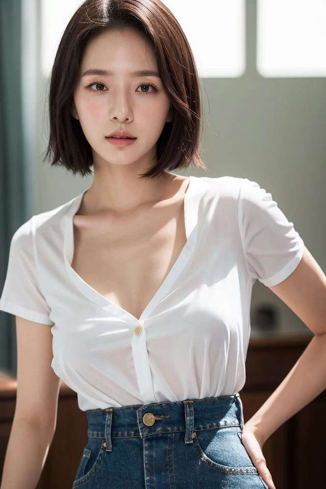 A woman in a white shirt and denim skirt posing for a picture - SeaArt AI