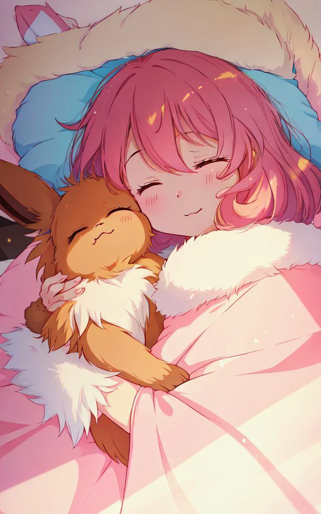 cute smol happy 1girl hugging her solo cute happy floofy (eevee)+ pokemon, warm lighting, loving ...