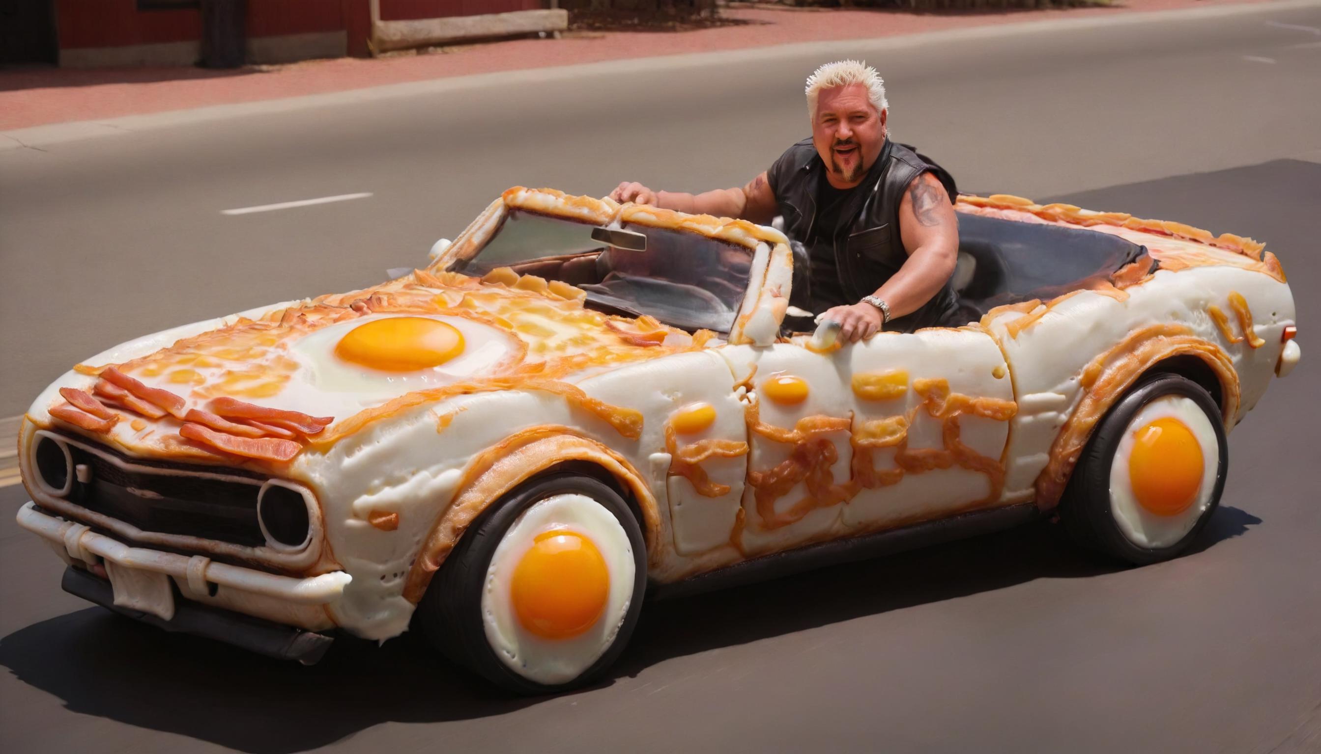 Arafed car with eggs on the hood and wheels - SeaArt AI