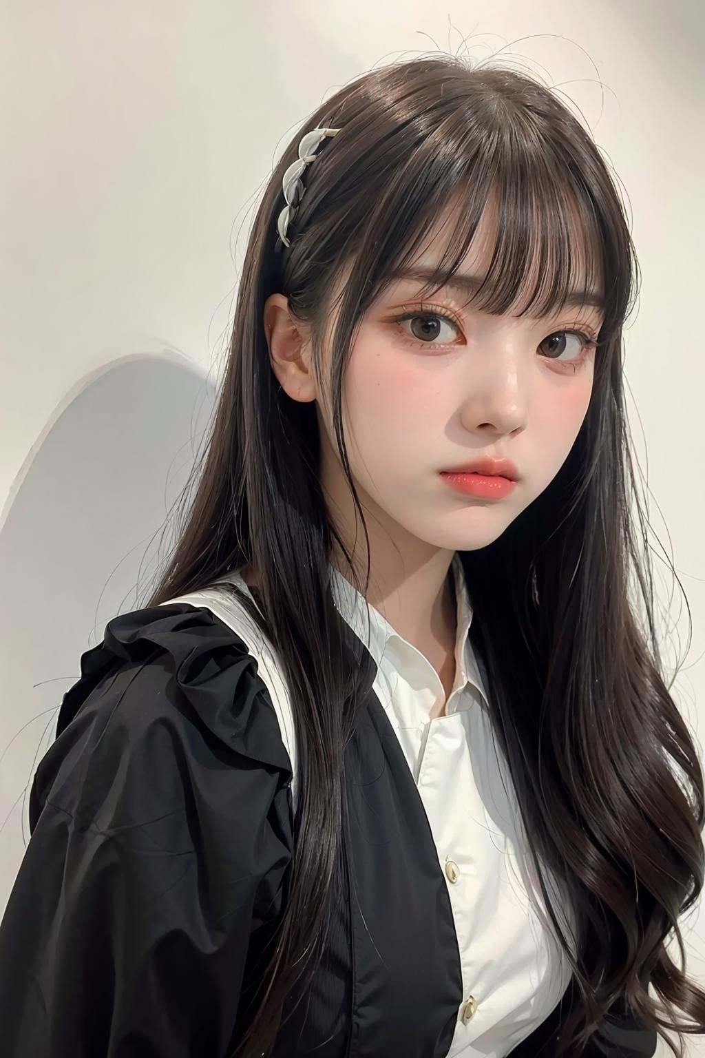 긴 머리에 검은색 재킷과 흰색 셔츠를 입은 여자 - SeaArt AI