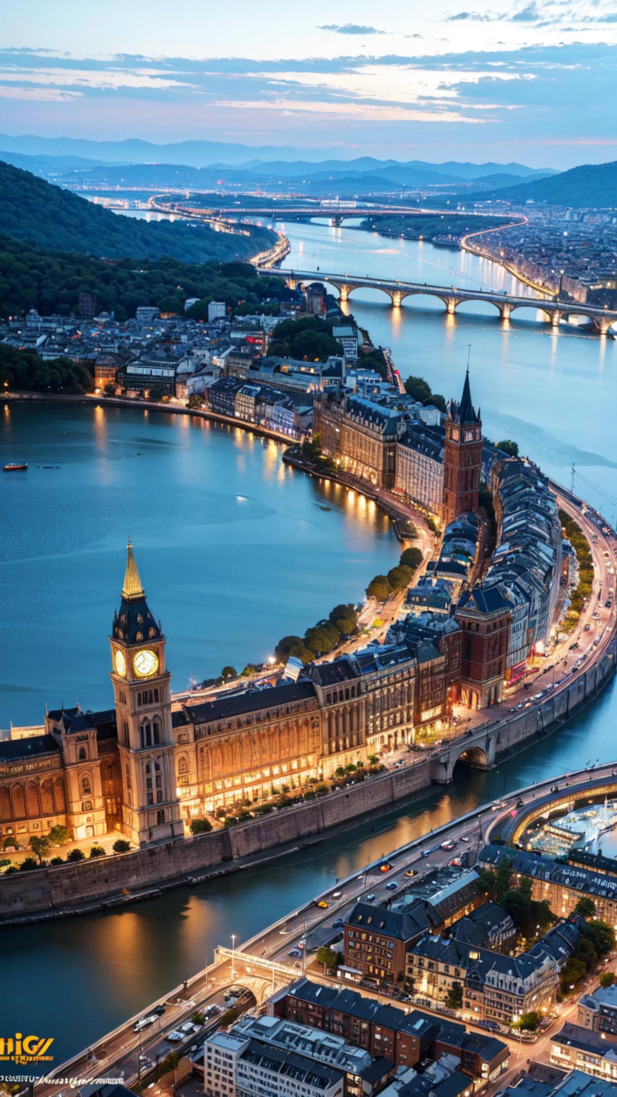 A view of a city with a clock tower and a river - SeaArt AI