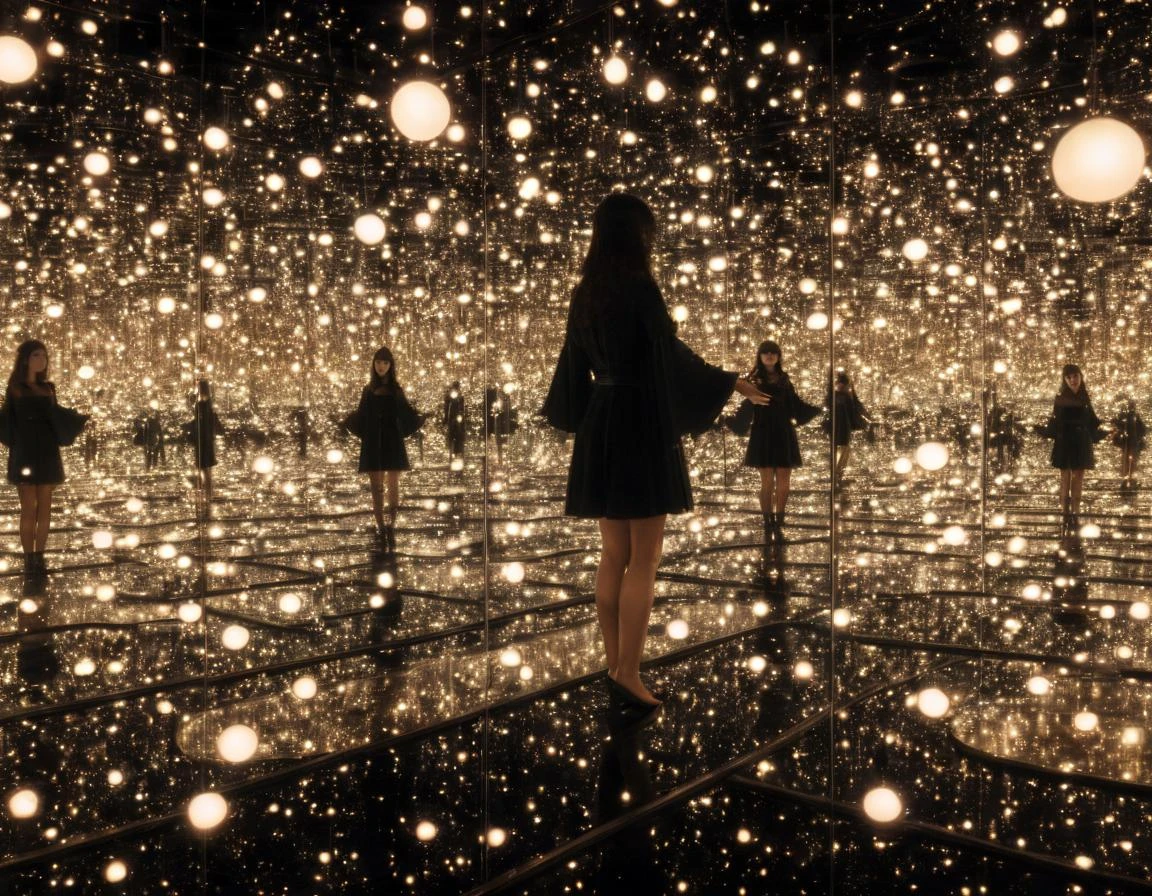 girl infinity room surrounded by mirrors on all sides - SeaArt AI
