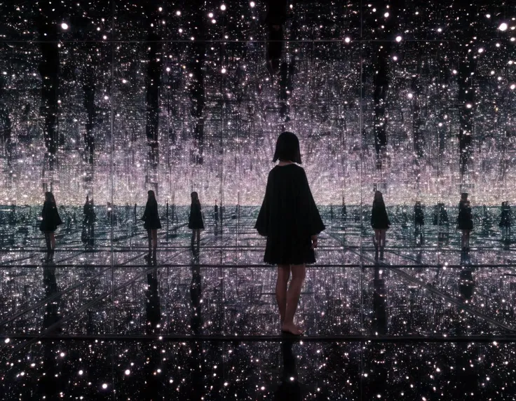 girl infinity room surrounded by mirrors on all sides - SeaArt AI