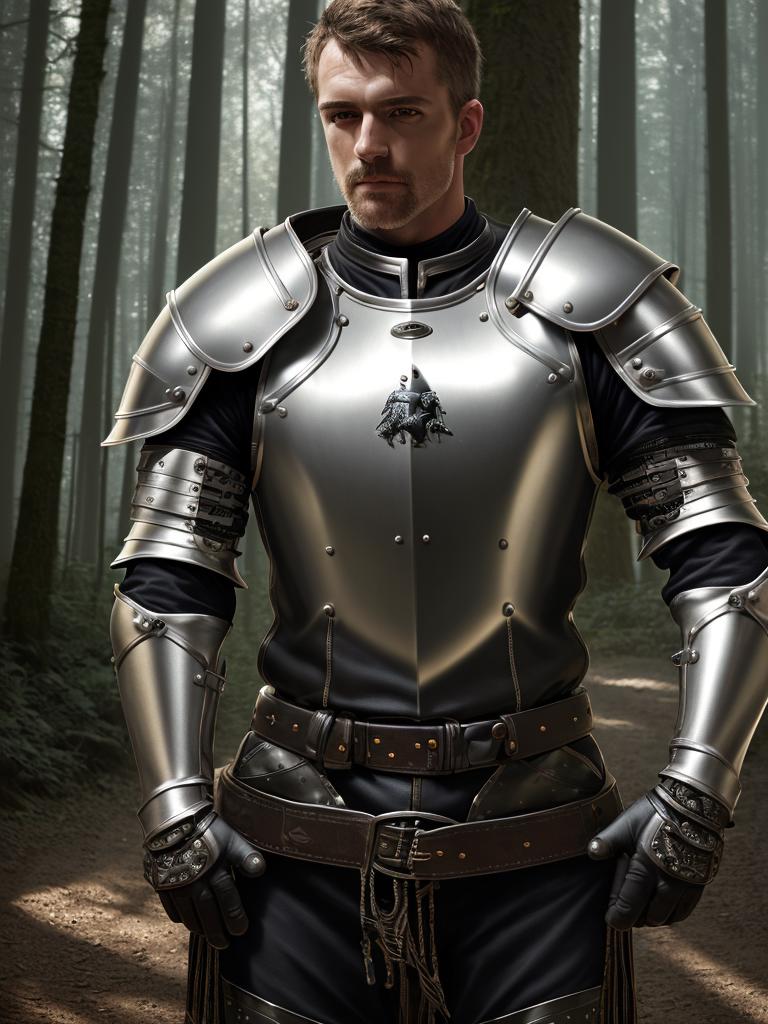 Arafed man in armor standing in a forest with trees - SeaArt AI