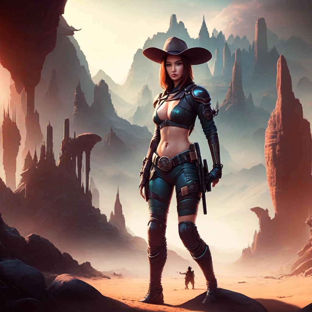 an attractive female bounty hunter standing in a fantasy wilderness (alientemple:1) - SeaArt AI