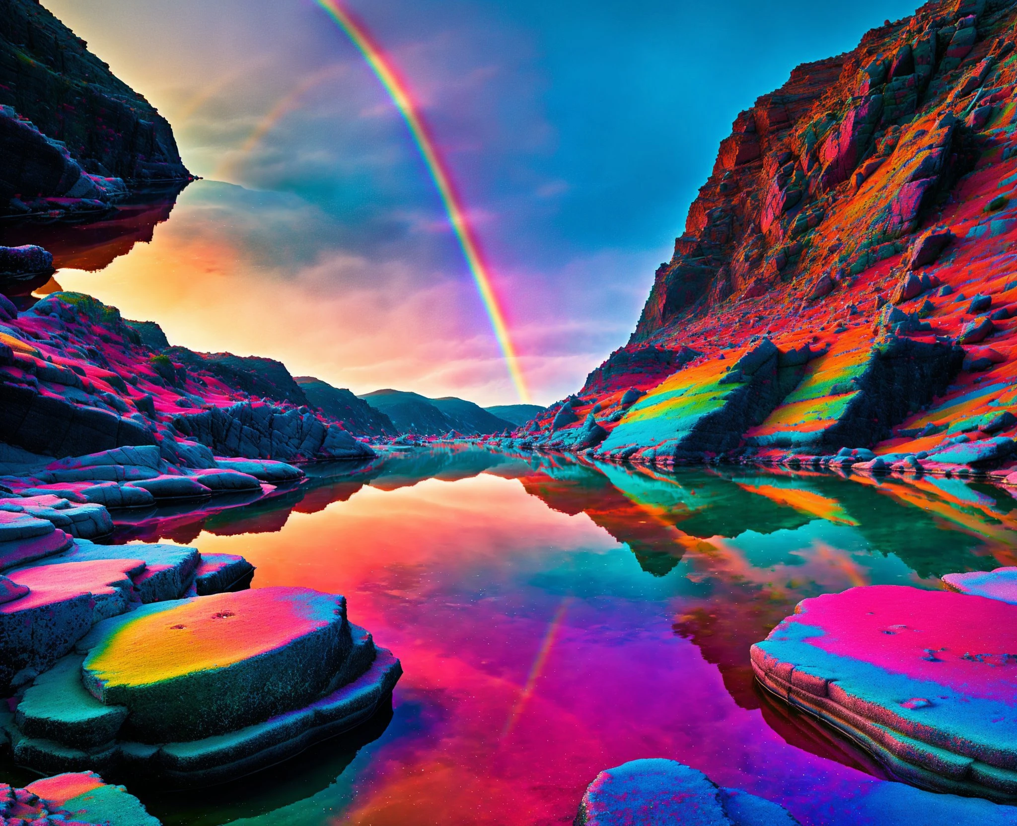 A rainbow colored rainbow over a river with rocks and a rainbow - SeaArt AI
