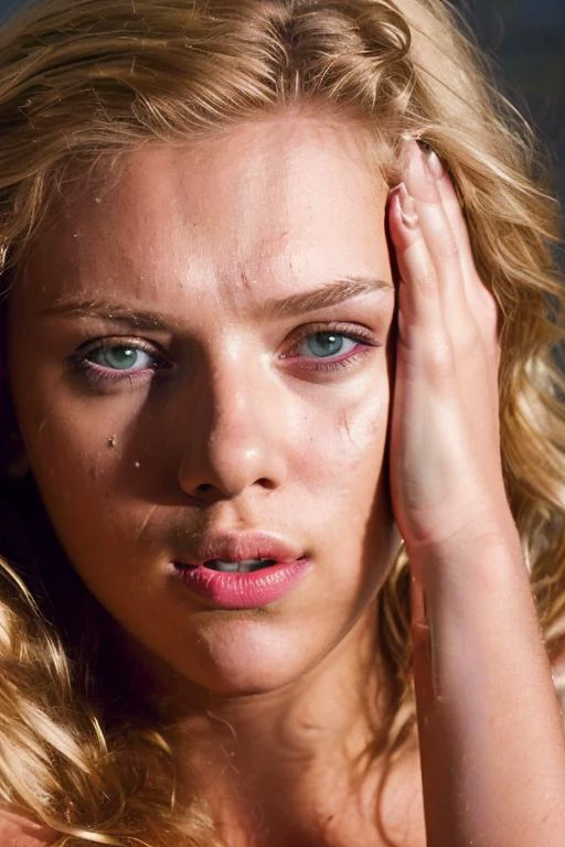 Mujer rubia con ojos azules y un vestido rosa llevándose la mano a la cara - SeaArt AI