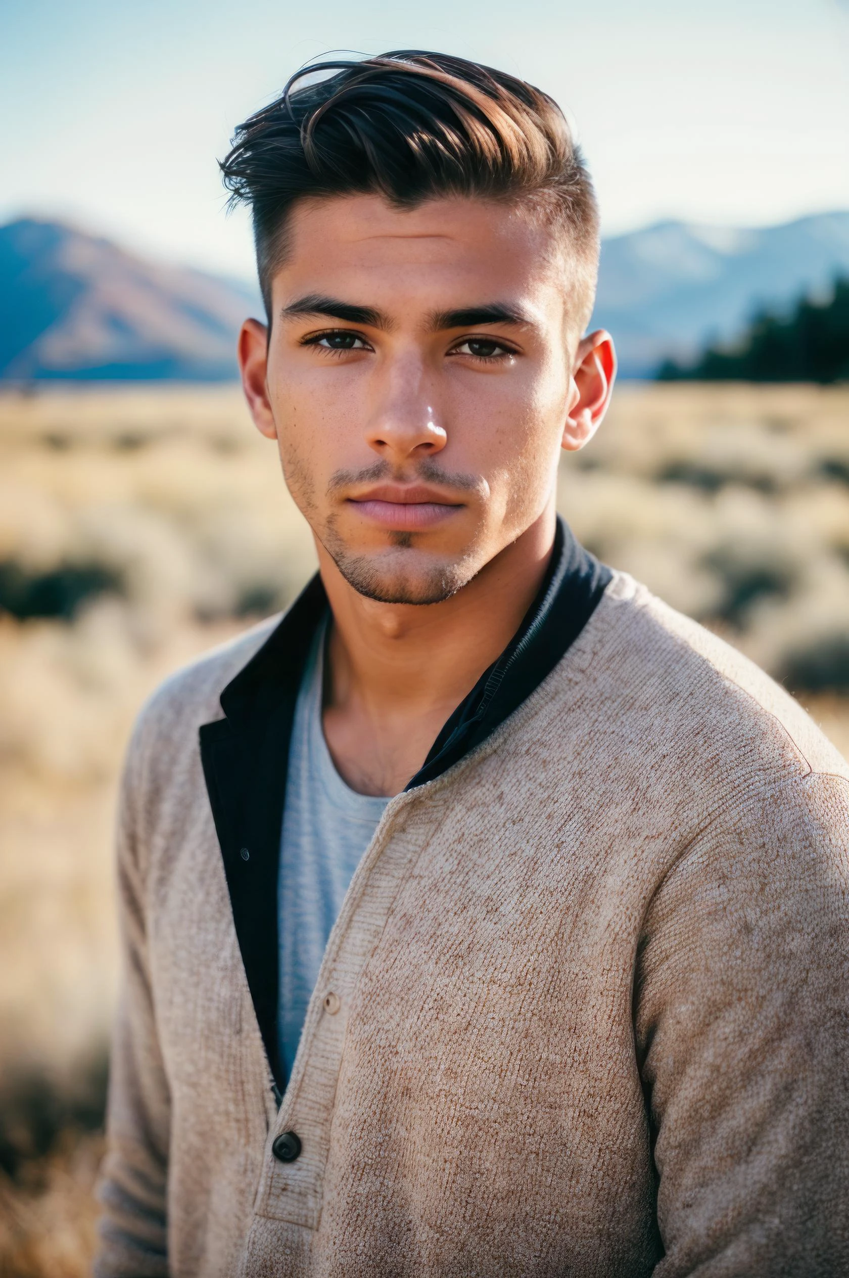 A close up of a man in a sweater standing in a field - SeaArt AI