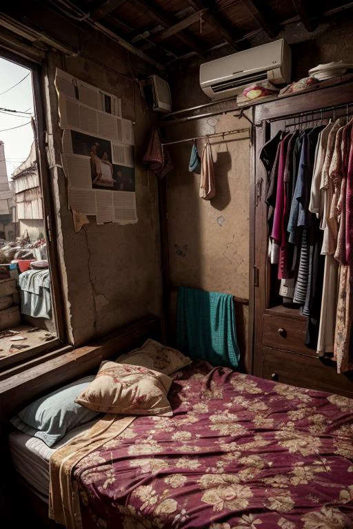 There is a bed in a room with a window and clothes hanging on the wall ...