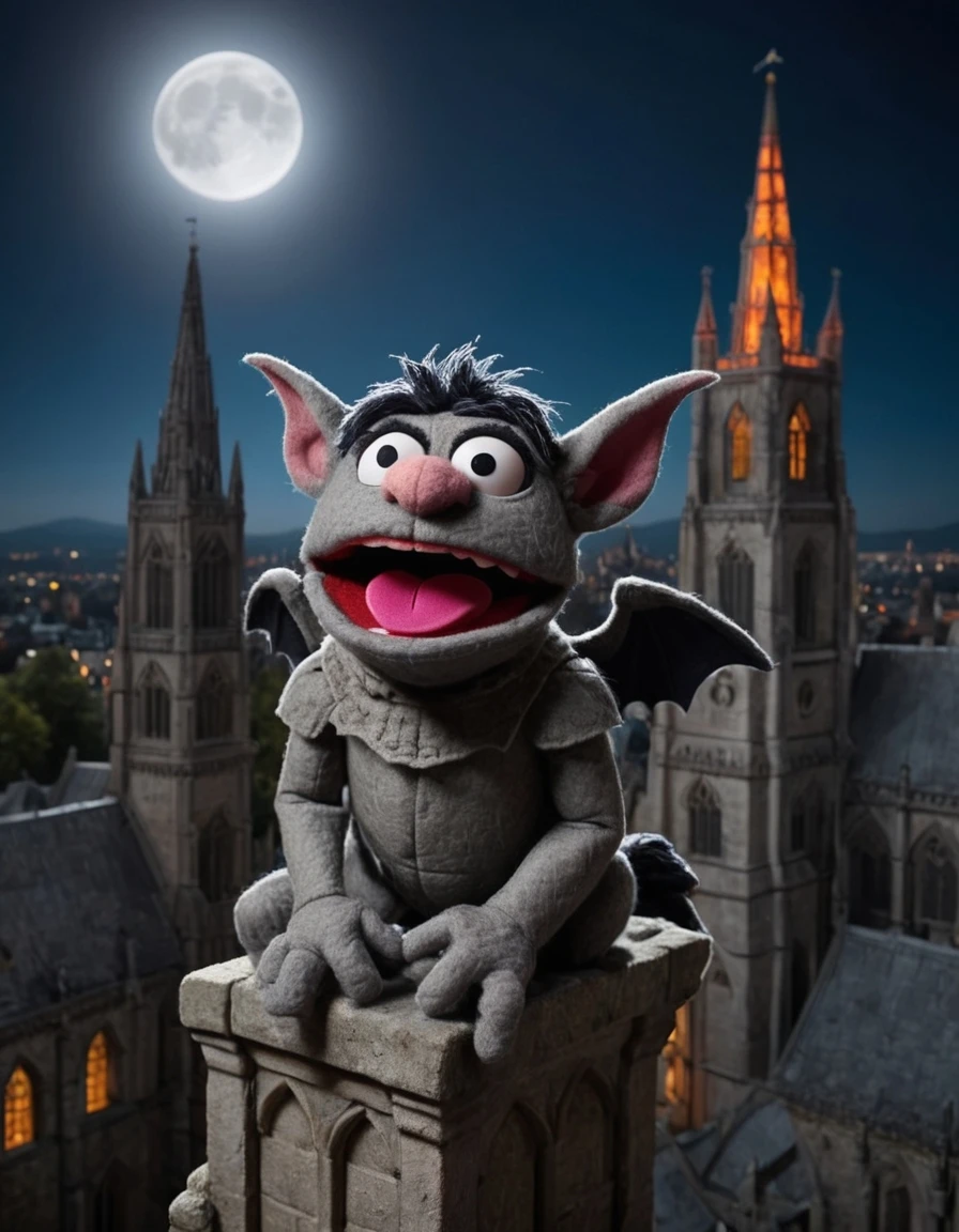 in a felt puppet world style,, A gargoyle perched on a cathedral ...