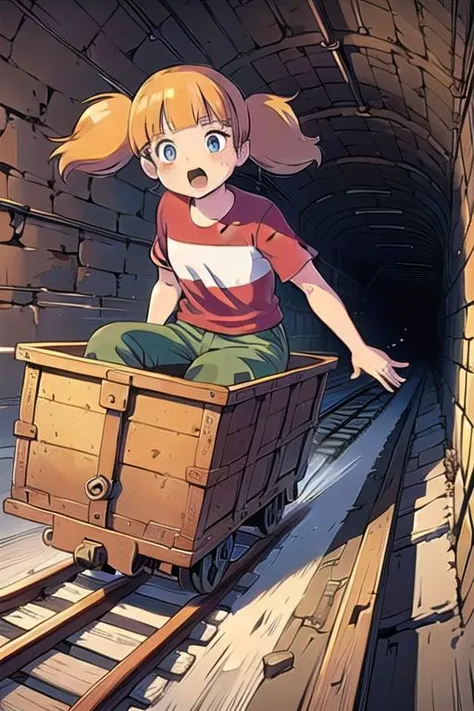 Anime girl riding a cart in a tunnel with a train - SeaArt AI
