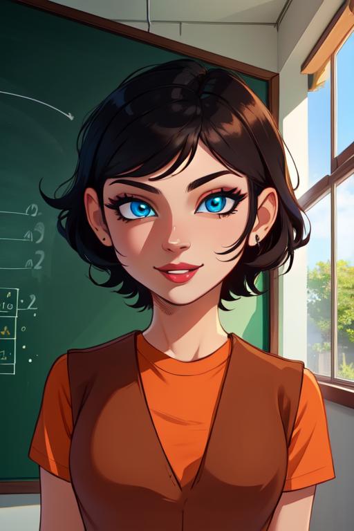 A woman in an orange shirt standing in front of a blackboard - SeaArt AI