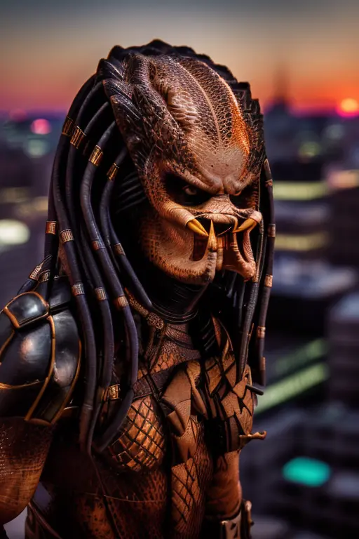 A close up of a predator figure with a helmet on - SeaArt AI