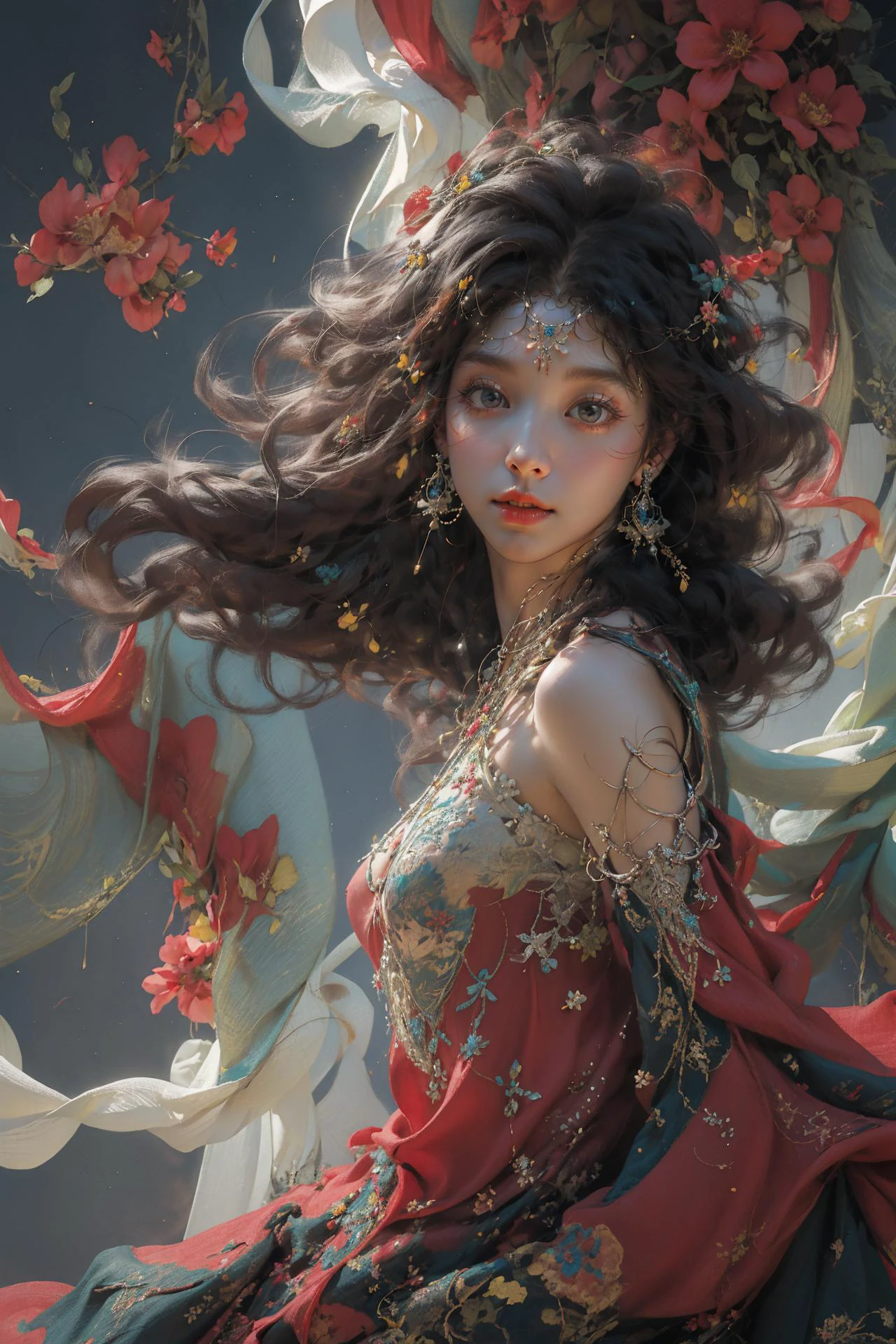 A woman in a red dress with a red shaw and flowers - SeaArt AI