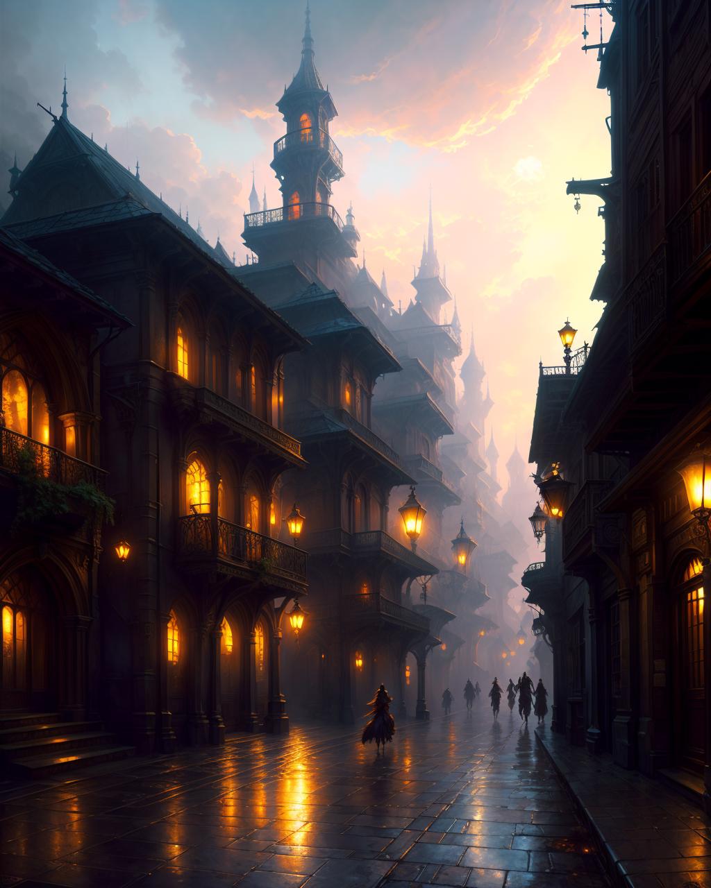 A close up of a street with a clock tower in the background - SeaArt AI