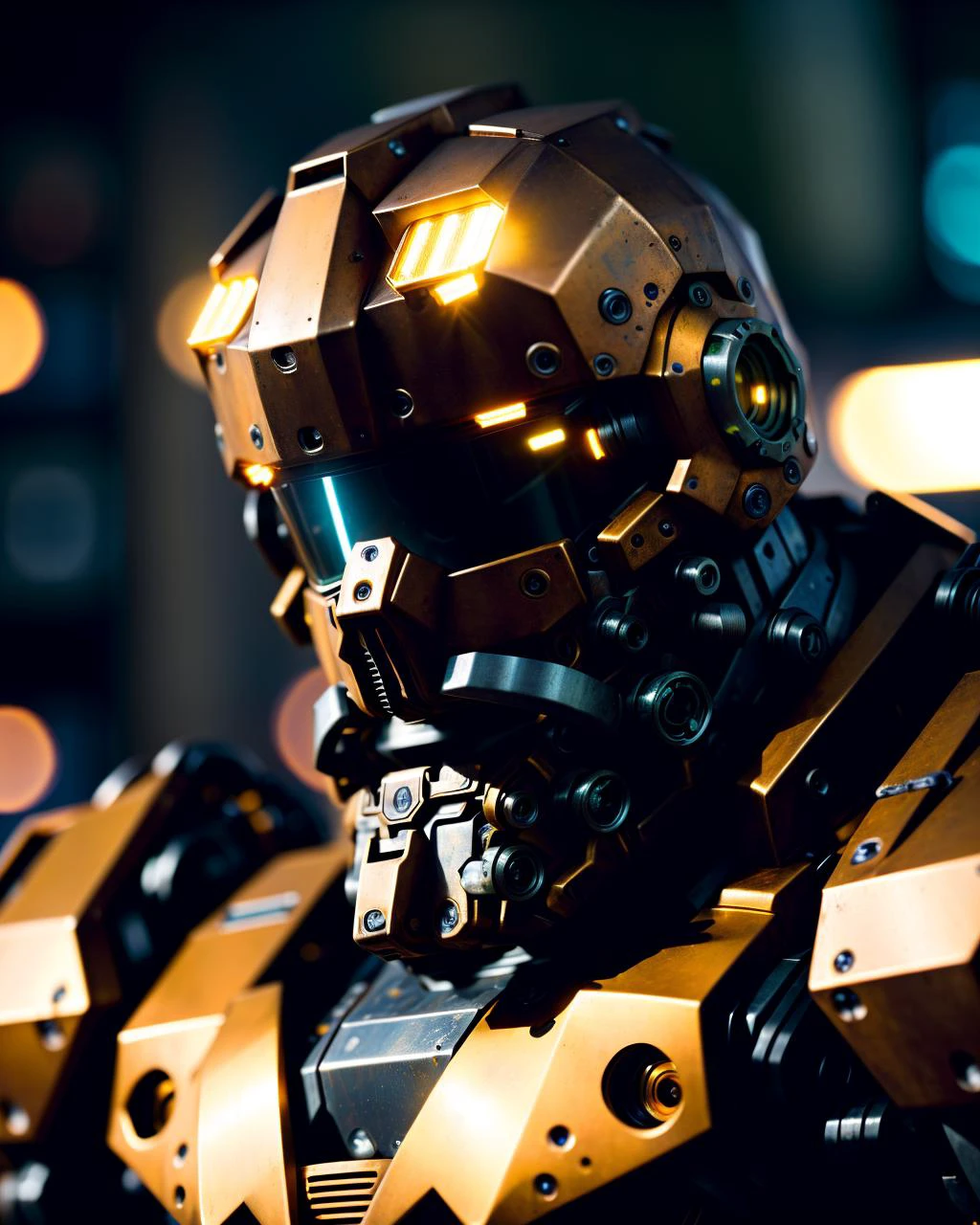 Portrait photo of muscular bearded guy in a worn mech suit, ((light ...