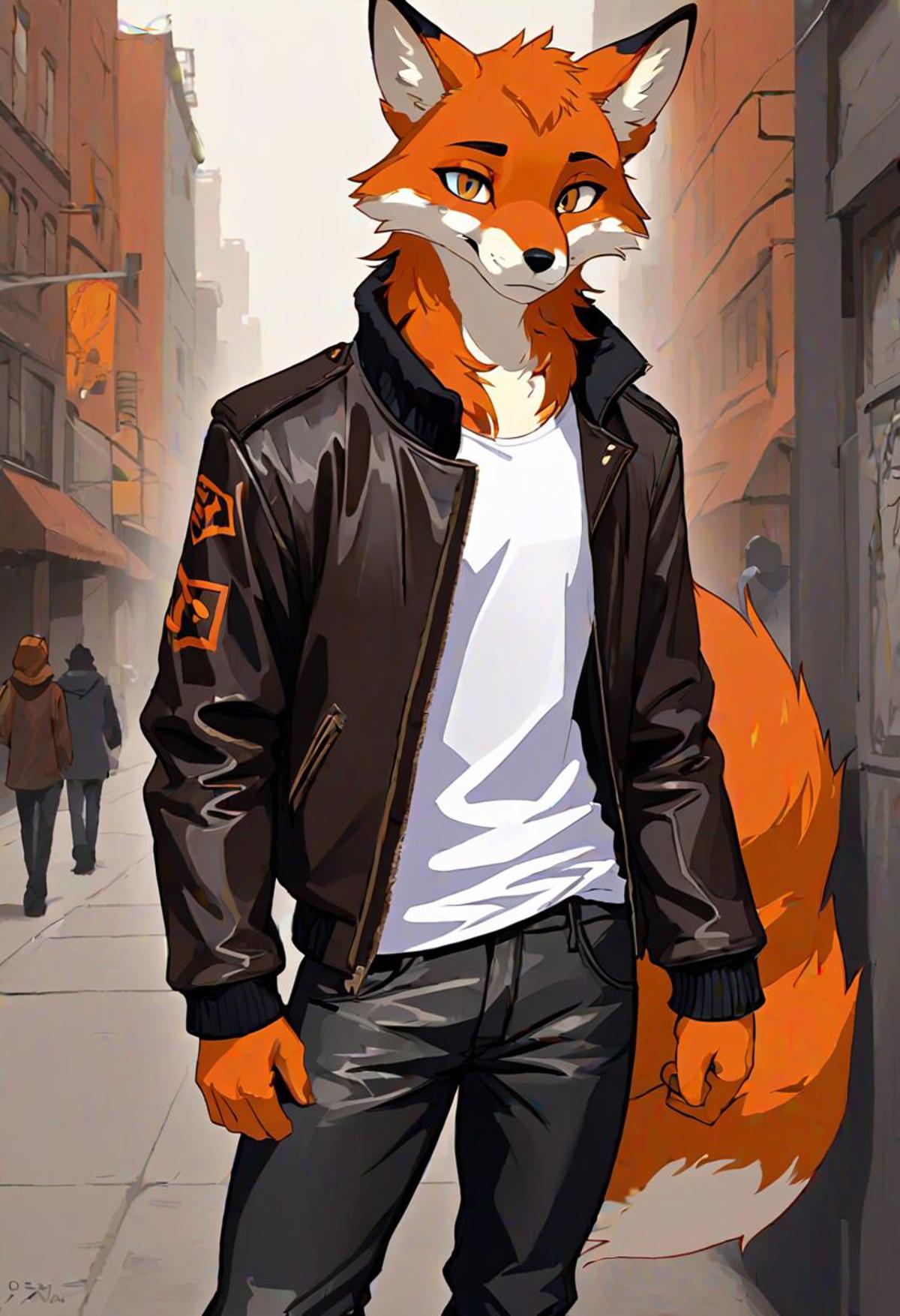 Araffe in a leather jacket and jeans standing on a city street - SeaArt AI