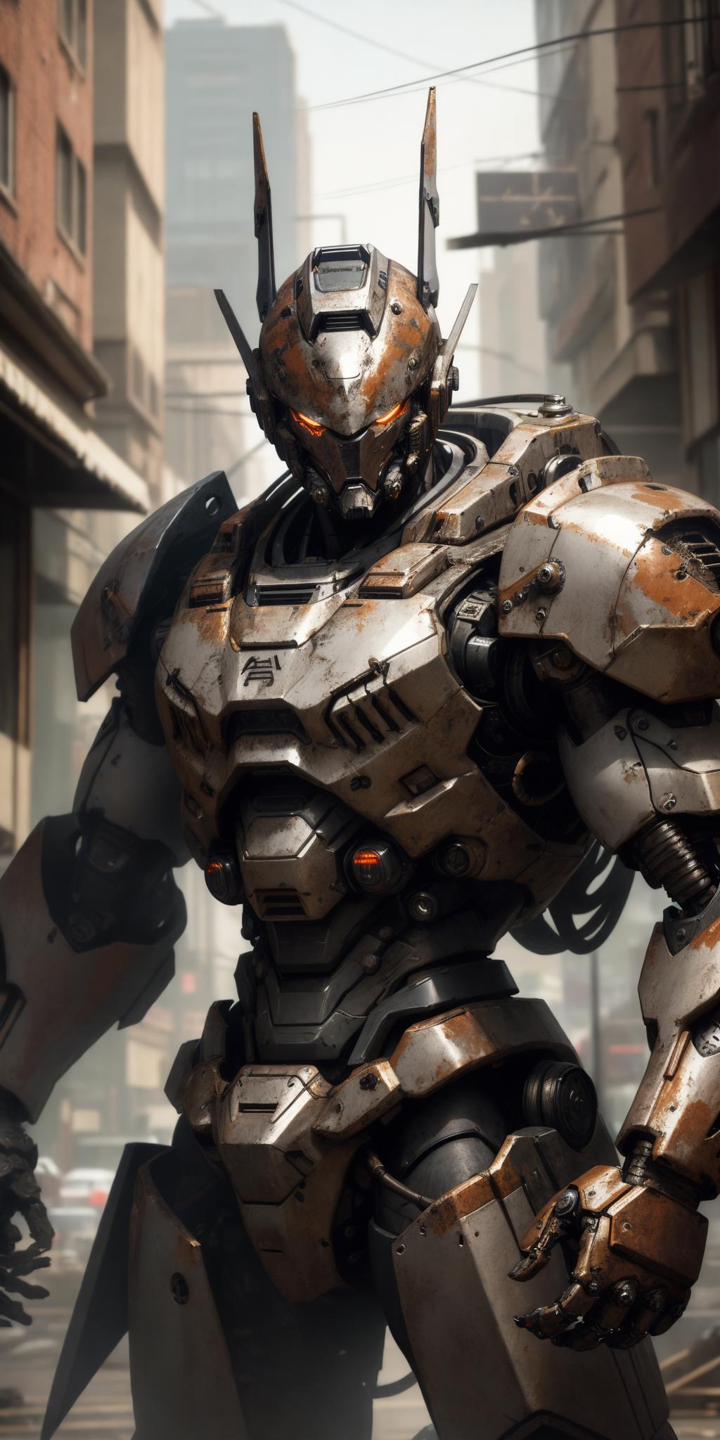 Portrait photo of an alpha male, perfect eyes, in a worn mecha suit ...