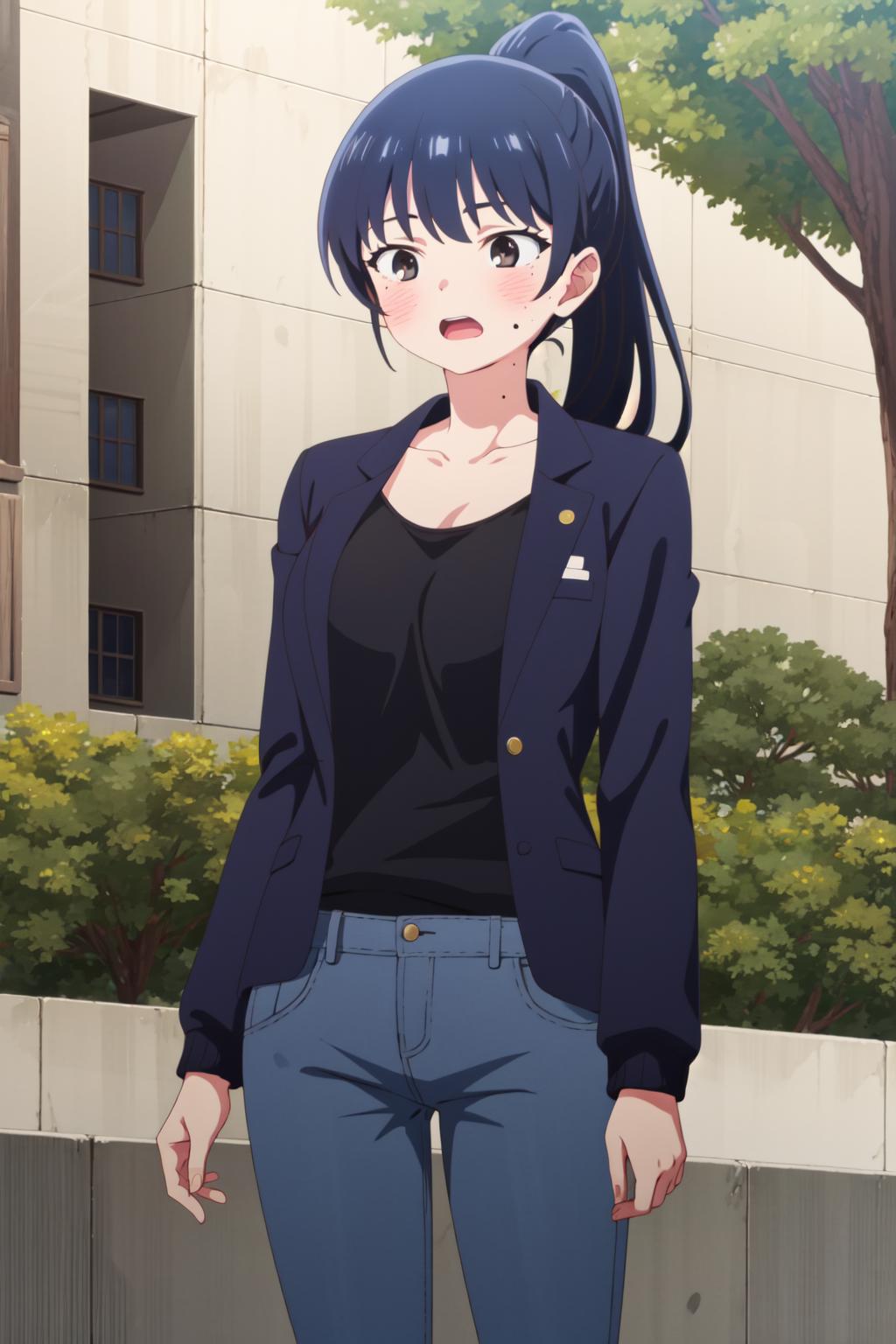 A woman in a black shirt and blue jeans standing in front of a building - SeaArt AI