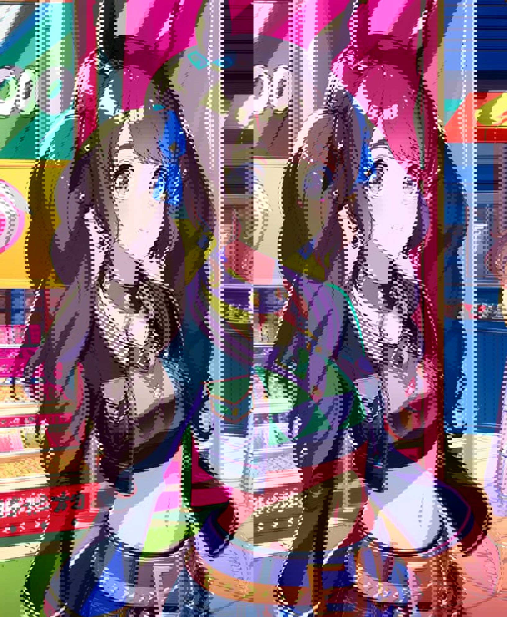 A woman in a short skirt and a cat ears outfit standing in front of a store - SeaArt AI