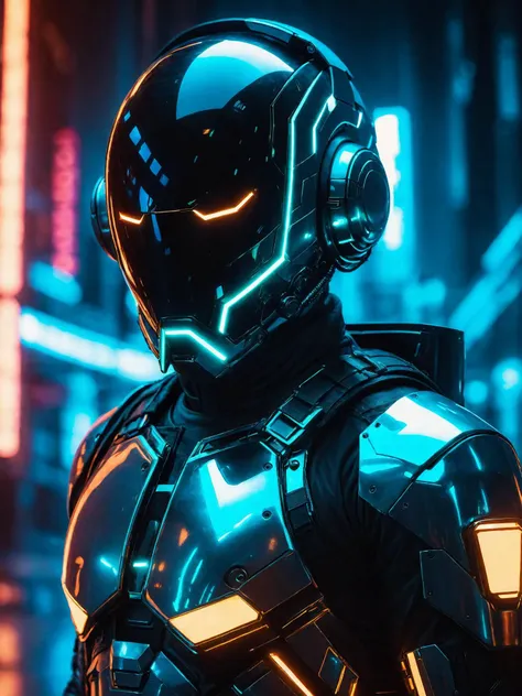 a close up of a futuristic man in a suit with glowing eyes, cyber suit ...
