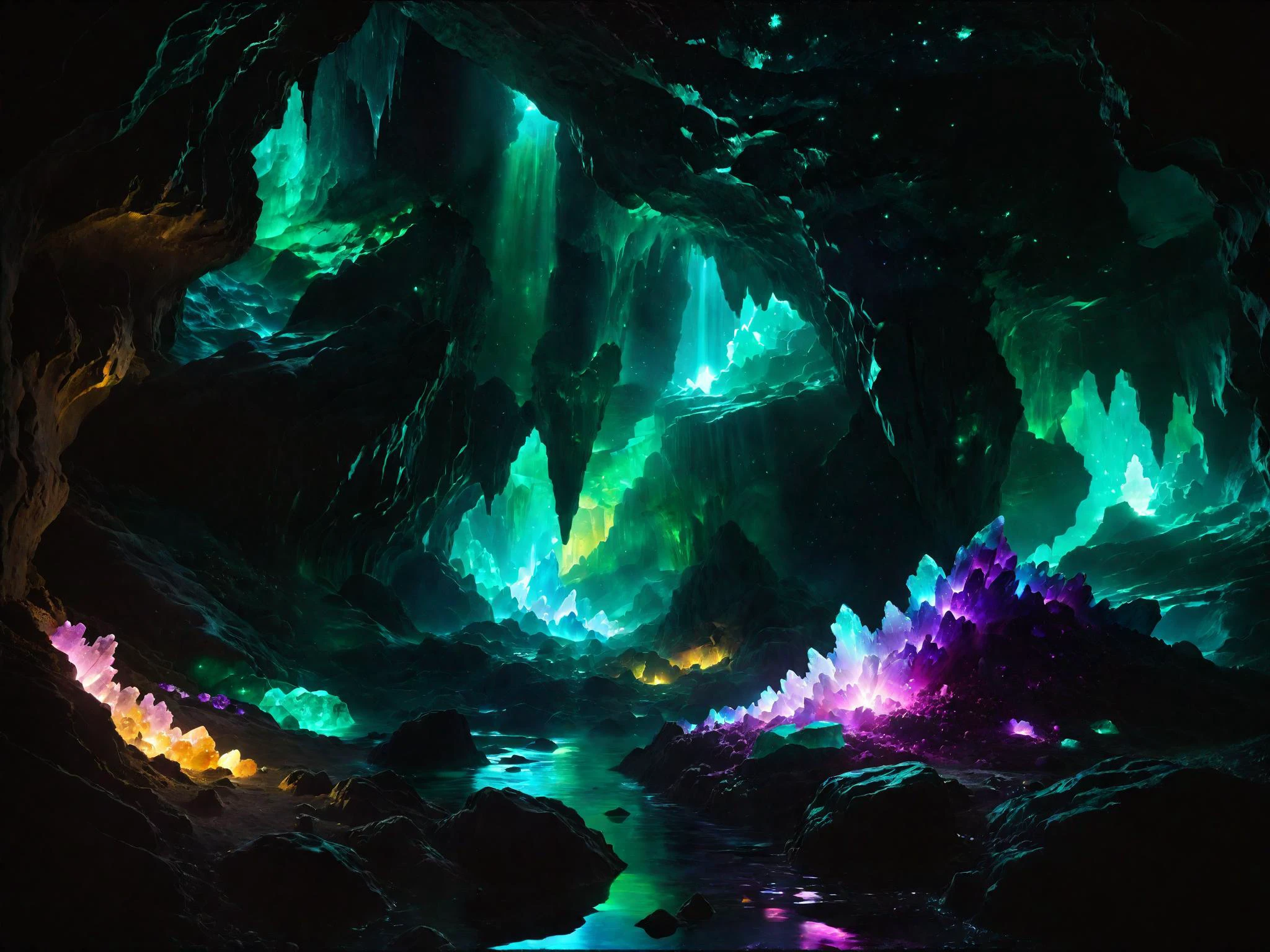 A dark cave with a stream of water and colorful lights - SeaArt AI