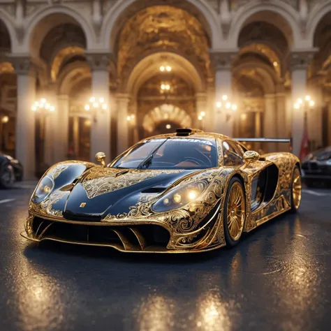 A close up of a gold colored sports car in a large building - SeaArt AI