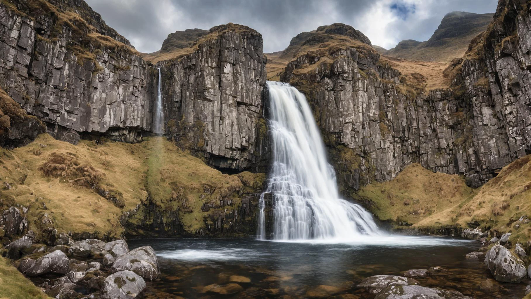 A close up of a waterfall in a rocky area with a sky background - SeaArt AI
