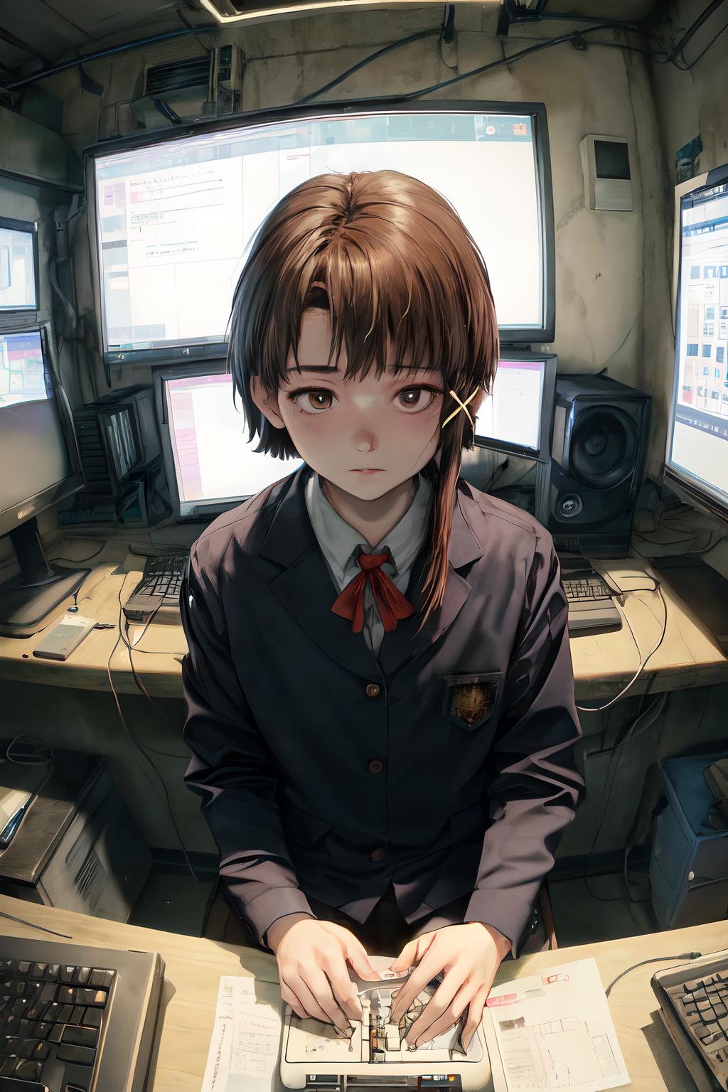Anime girl sitting at a desk with a keyboard and a laptop - SeaArt AI